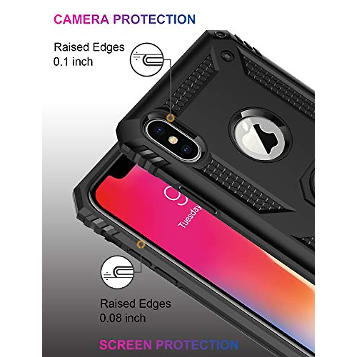 LUMARKE iPhone X Case,iPhone Xs Case with Glass Screen Protector,Military Grade 16ft. Drop Tested Cover with Magnetic Kickstand Protective Phone Case for iPhone Xs/iPhone X Black