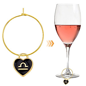 KMOSPAD 24pcs Heart 12 Constellations Charms Zodiac Sign Enamel Pendants and 24pcs 25 mm Golden Wine Glass Rings Markers with A Box for Tasting Party Decoration Supplies Gifts
