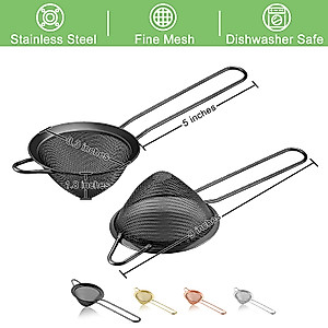 TeamFar Fine Mesh Strainer, 3.3 Inch Stainless Steel Tea Cocktail Coffee Flour Strainer with Long Handle for Kitchen Bar, Small Conical Cone Mesh Strainer, Non-Toxic & Easy Clean, (Set of 2, Black)
