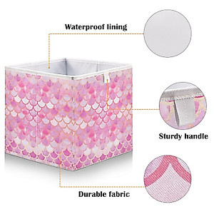 Emelivor Pink Mermaid Cube Storage Bin Fabric Storage Cubes Foldable Organizer Bins Storage Baskets for Shelves Storage Box for Shelves Home Office Clothes Clothing,11 x 11inch