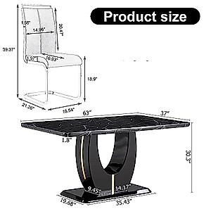 Pvillez 63" Marble Dining Table Set for 4, Modern 5 Piece Kitchen Table and Chairs, Black Faux Marble Dining Table with U-Shaped Pedestal Base & 4 C-Shaped PU Leather Upholstered Dining Chairs