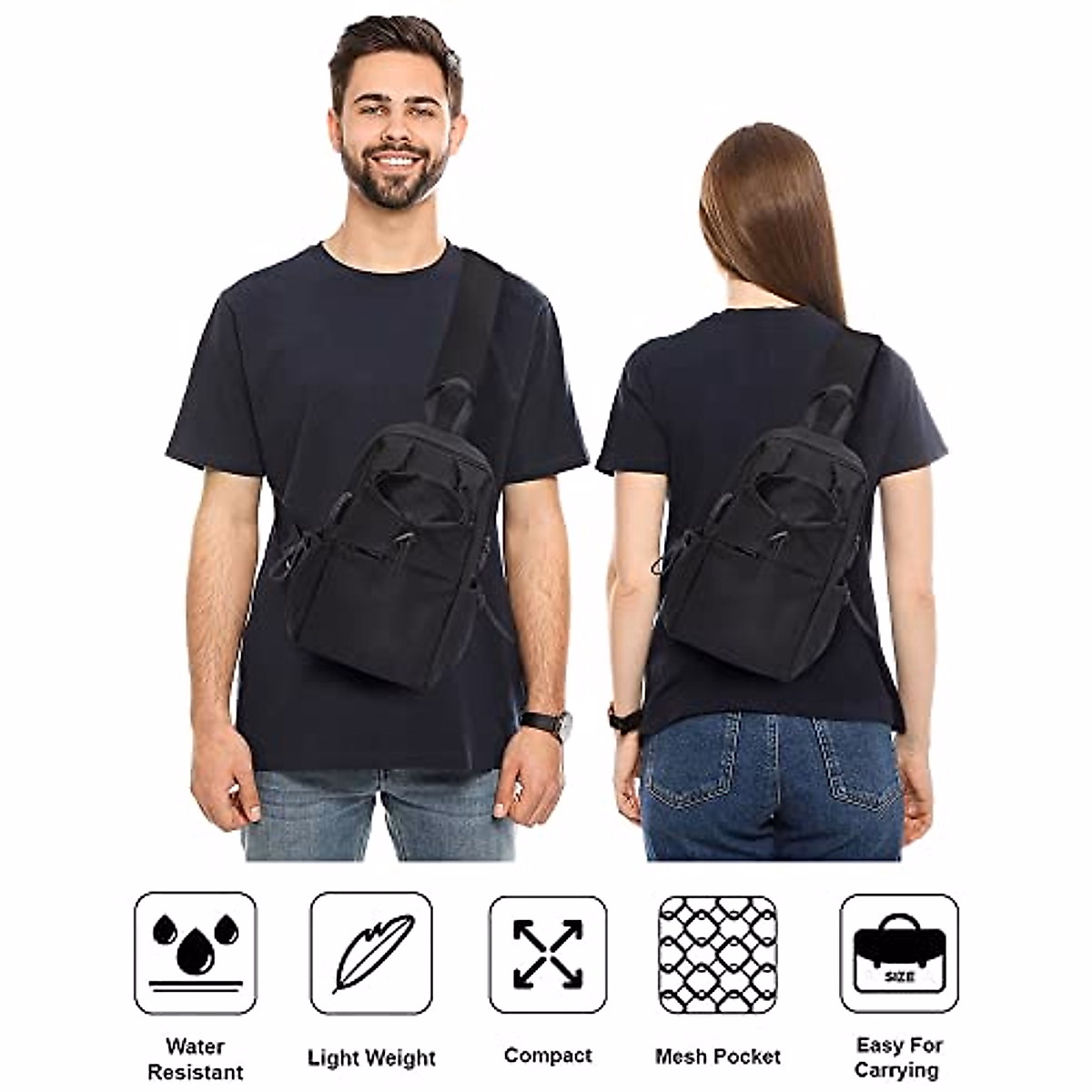 Black Sling Crossbody Bag for Men Women, Tactical Backpack Shoulder Daypack Mini Anti-Theft Cross Body Motorcycle Chest Bags, Small One Strap Backpack for Casual Travel Hiking Outdoor Sports