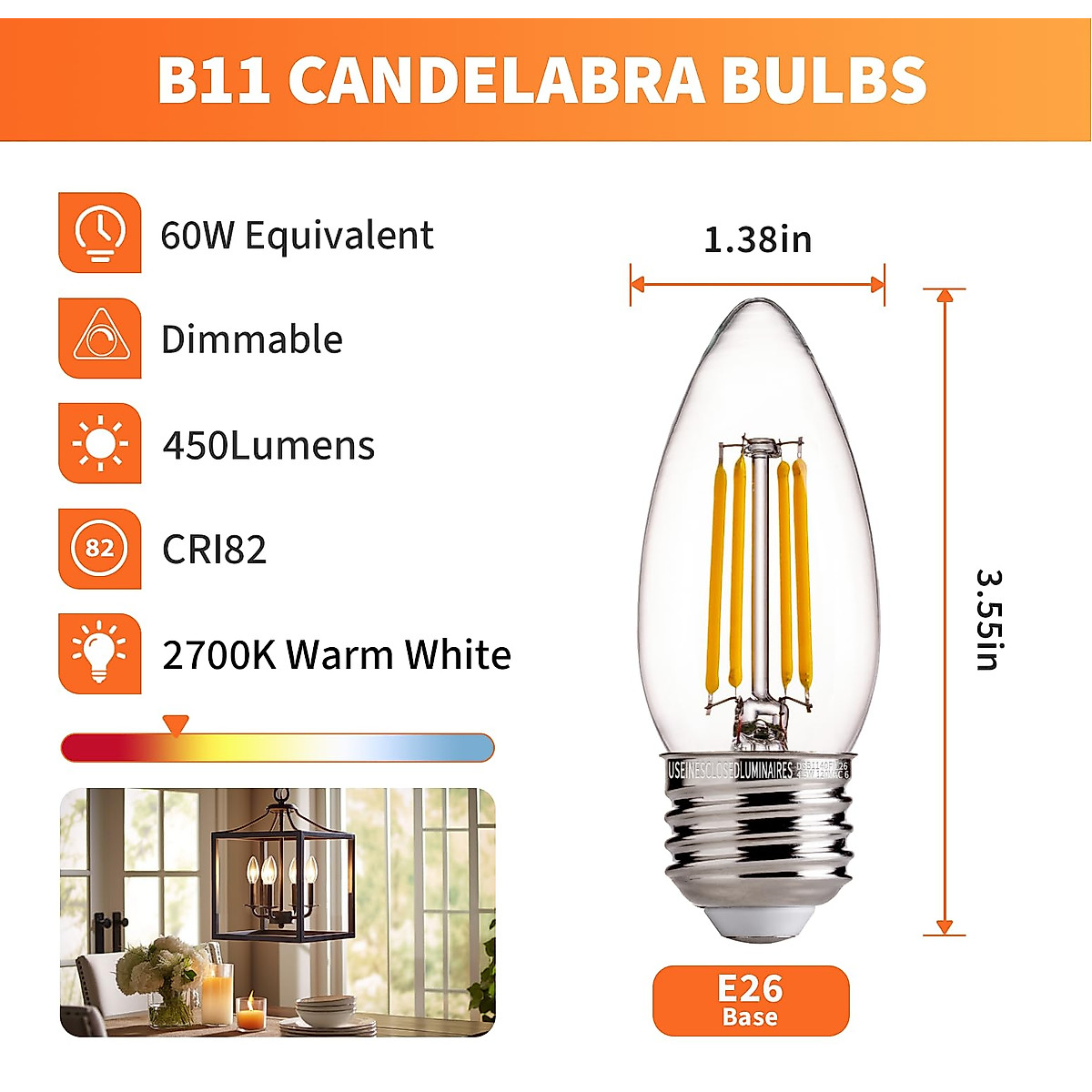 ALAMPEVER E26 LED Bulb 60 Watt, B11 Chandelier Light Bulbs, 2700K Soft White Candelabra LED Bulbs, 6 Pack Candle Light Bulbs