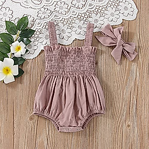 Infant Baby Girls Floral Cotton Strappy Halter Romper Bodysuit and Headband Ruffled Jumpsuit Sunsuit Baby Girl Summer Clothes (Solid Pink, 0-3M)