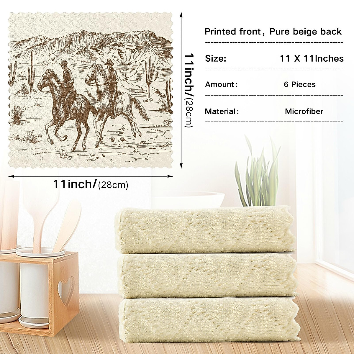 Hand Drawn Brown Retro American Wild West Desert Horse with Cowboy 6 Set Kitchen Dish Towels, Washcloths Cleaning Cloths Dish Cloths, Absorbent Towels Lint Free Bar Tea Soft Waffle Towel 11"x11"