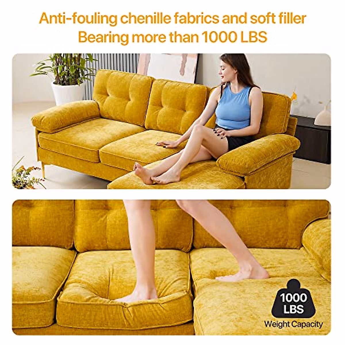 COOSLEEP Convertible Sectional Sofa Couch, 83" L-Shape Sofa Couch with Chaise Convertible,ChenilleFabric Upholstered for Living Room, Apartment, Office (Golden)