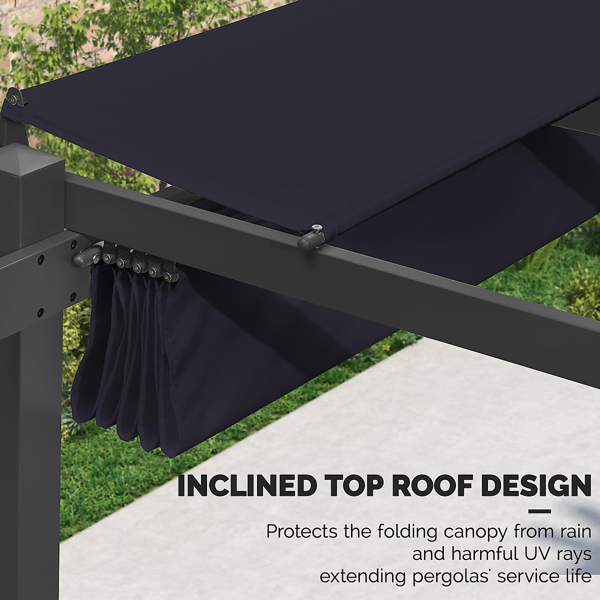 PURPLE LEAF 10’ x 13’ Patio Retractable Pergola with Double Sun Shade Canopy Outdoor Grill Gazebo for Deck Backyard Garden Modern Aluminum Pergola, Navy Blue