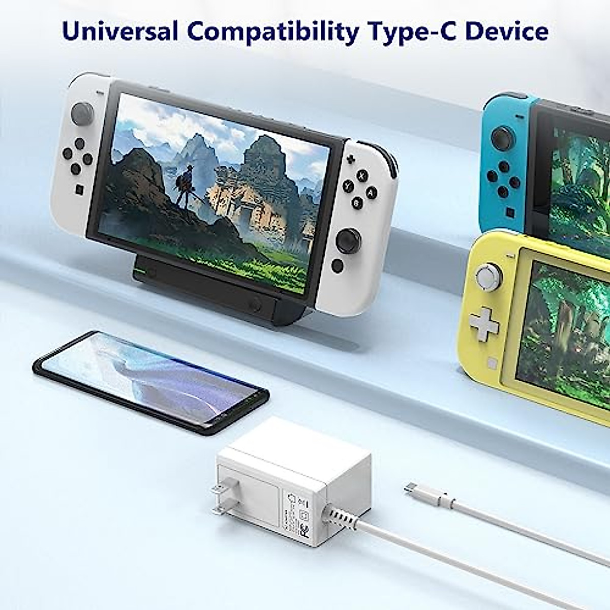 YCCSKY Charger for Nintendo Switch,AC Adapter for Nintendo Switch - Fast Travel Wall Charger with 5FT USB C Cable 15V/2.6A Power Supply for Nintendo Switch Supports TV Mode and Dock Station (White)