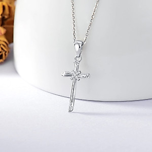 SISGEM 10K Real Gold Cross Necklace for Women Teen Girls, White Gold Cubic Zirconia Cross Pendant Necklace Cross Jewerly Gifts for Birthday Christmas 16+1+1 inch (10K-White)