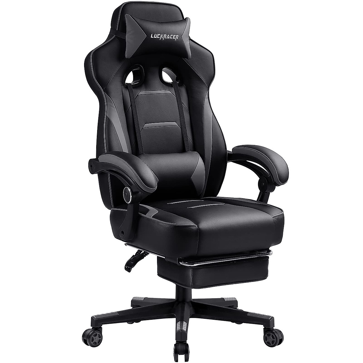 LUCKRACER Gaming Chair with Footrest Office Desk Chair Ergonomic Gaming Chair Pu Leather High Back Adjustable Swivel Lumbar Support Racing Style E-Sports Gamer Chairs Gray