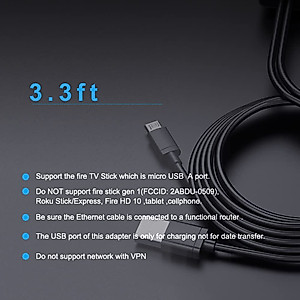 Ethernet Adapter for Fire TV Stick Google Home Mini Chromecast and More Streaming TV Sticks 10/100Mbps Network Micro USB A Port to RJ45 Ethernet Adapter with USB Power Supply Cable 3.3ft (Black)