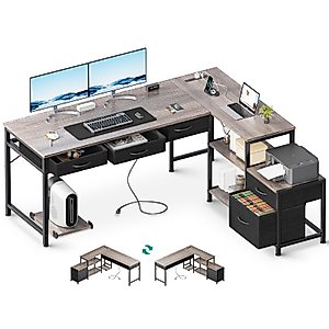 AODK L Shaped Computer Desk with Fabric Drawers and File Cabinet, 61" Reversible Home Office Workstation Desk with Power Outlets & Host Stand, Corner Gaming Table with Storage Shelves, Grey Oak