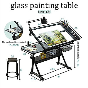 VejiA Drawing Table, Height/Angle Adjustable Drawing Desk Craft Station Drafting Table with One Side Table, Stool and Two Drawers, Tempered Glass Top, for Painting, W