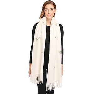 Bienvenu Dragonfly Detail Large Women Soft Cashmere Wool Wraps Shawls Stole Scarf,White