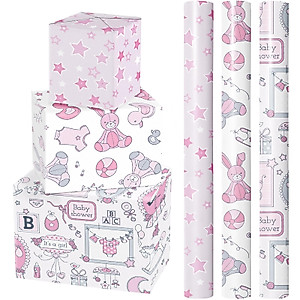 LeZakaa Baby Shower Wrapping Paper - Mini Roll - Bear Toy/Balloon, Baby/Star Print in Pink for Baby Girl - 17 x 120 inches - 3 Rolls (42.5 sq.ft.ttl.)