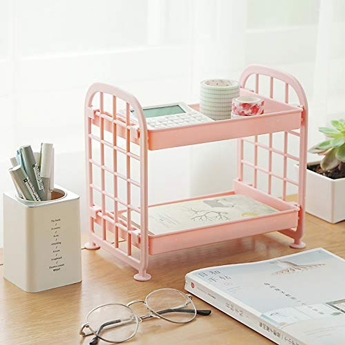 UnnFiko 2-Layers Table Shelf Organizer, Adjustable Plastic Storage Rack Shelf Square Basket Desk Stand Table Storage Organizer Shelves (Pink)