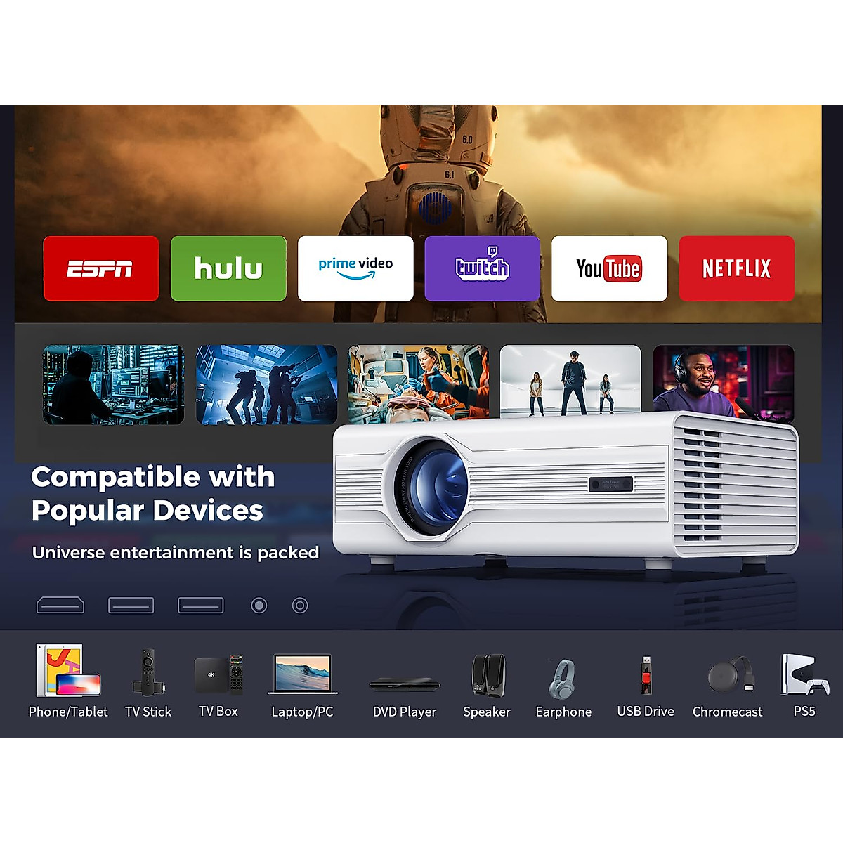 [Auto Focus/Keystone] Projector with WiFi 6 and Bluetooth 5.2, 600 ANSI Native 1080P 4K Supported, Agreago Outdoor Projector with Screen, Movie Projector Compatible with HDMI/USB/TV Stick
