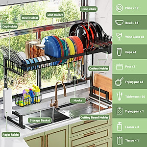 ADBIU Over The Sink (24"- 32.5" L) Dish Drying Rack (Expandable Dimension) Snap-On Design 2 Tier Kitchen Large Dish Drainer Counter Storage Organizer