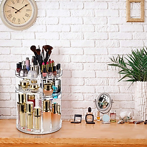 Argox 360° Rotating Makeup Organizer Clear Cosmetic Storage Display Case with Layers and Detachable Shelves for Bedroom Dresser. (Top Divided - Transparent)