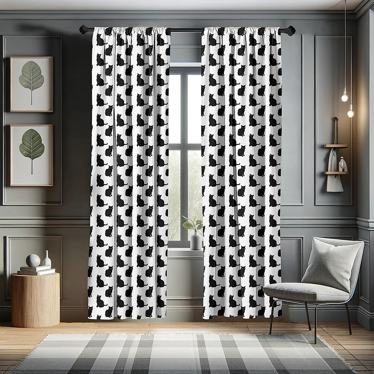 Ambesonne Cat Curtains, Black Cat on White Backdrop Playful Friendly Animals Posing Domestic Pets, Window Treatments 2 Panel Set for Living Room Bedroom, Pair of - 28" x 63", Black White