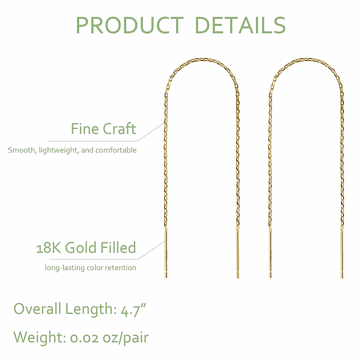 Gold Threader Earrings for Women 18K Gold Filled Chain Earrings Dainty Bar Drop Dangle Long Thread Earring Dangly Double Piercing Hypoallergenic Jewelry Gift