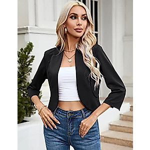 KOJOOIN Womens Fall Fashion 2023 Casual Business Cropped Blazer 3/4 Sleeve Collarless Open Front Ruffle Work Office Cardigan Suit Jacket Shrug Black Small