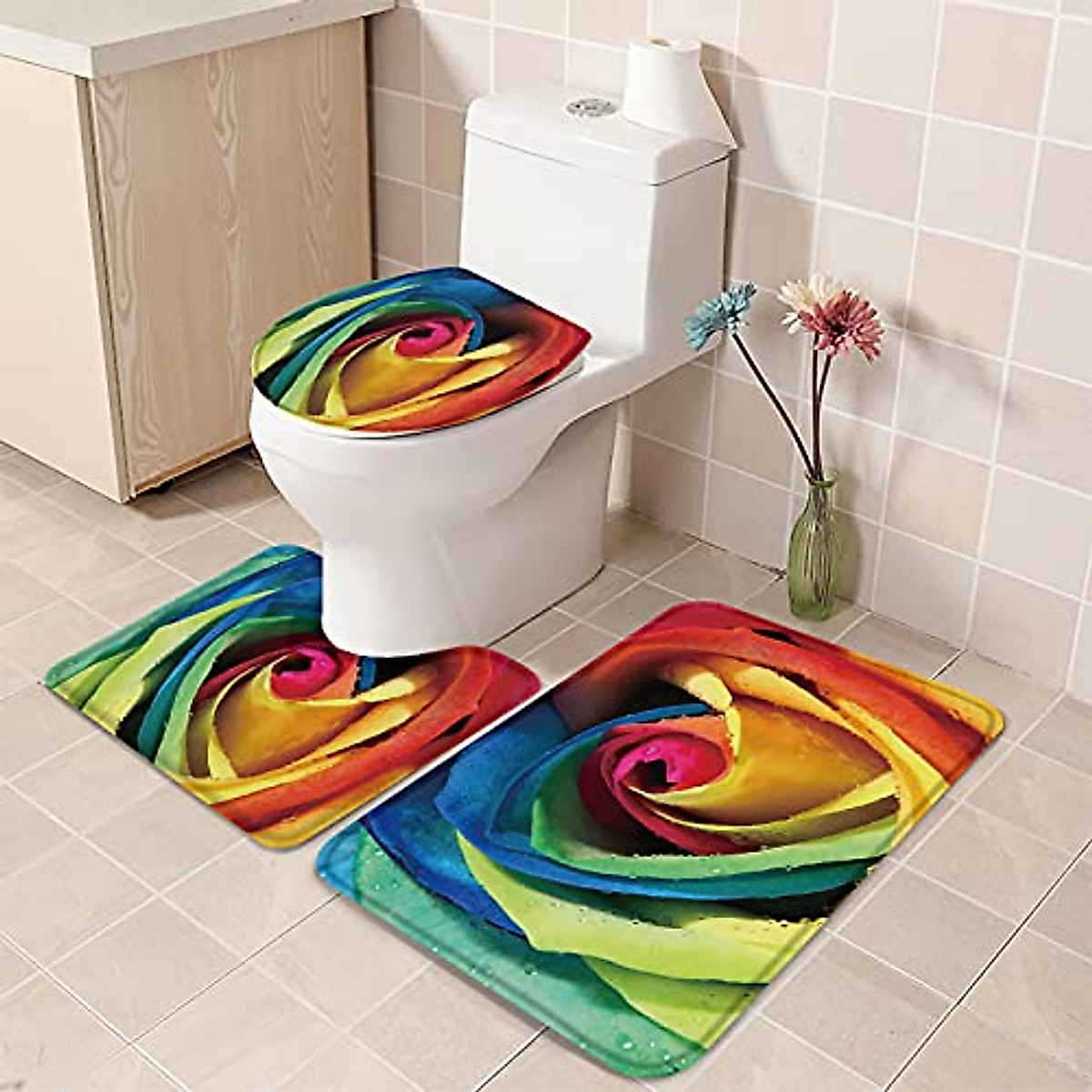 Apular Fashion 3 Piece Bath Rugs Set Colorful Rose Flower Floral Non Slip Ultra Soft Bathroom Accessories Mats, U Shape Mat and Toilet Lid Cover Mat Bath Mats