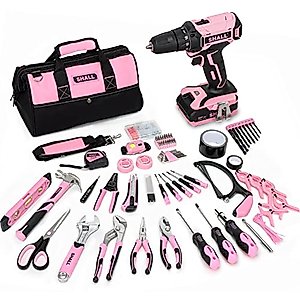SHALL 247Pcs 20V Cordless Drill Driver & Household Tool Kit for Women, Pink Electric Power Drill Screwdriver and Home Hand Tool Set with 14” Storage Tool Bag for DIY, Home Repair/Maintenance