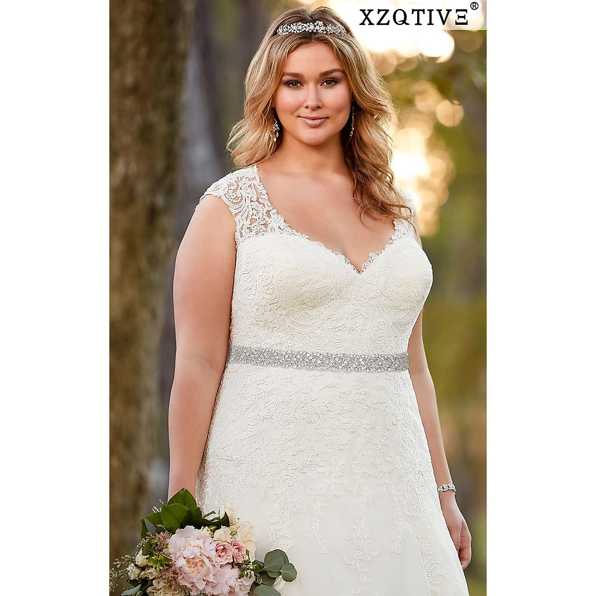 XZQTIVE Bridal Belt Handmade Crystal Rhinestone Braided Wedding Dress Sash Belt For Bridal Gowns, Silver, Blue Organza