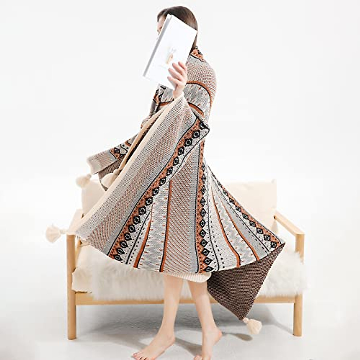 SahSahCasa Bohemian Knitted Throw Blanket wiz Tassels, Brown Throw Blanket for Sofa, Couch, Bed, Camping, Bohemian Decor for Room, Bedroom, Living Room