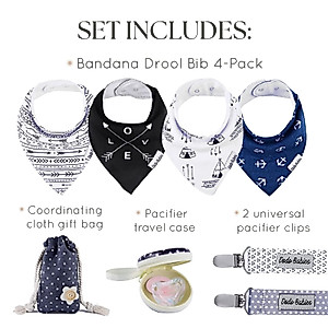 Dodo Babies Bandana Drool Bib Set – Four 100% Cotton Bibs with Soft Polyester Lining, 2 Pacifier Clips, Binky Case, Navy Dot Gift Bag for Baby Girl or Boy Shower – Adjustable Snap Fit for 3-24 Months