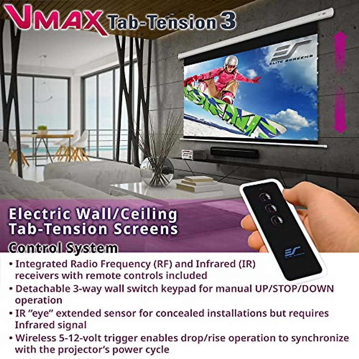 Elite Screens VMAX Tab Tension 3 Series, 110-INCH Electric Motorized Projector Screen CineWhite ISF Material Movie Home Theater, VMAXT110XWH3