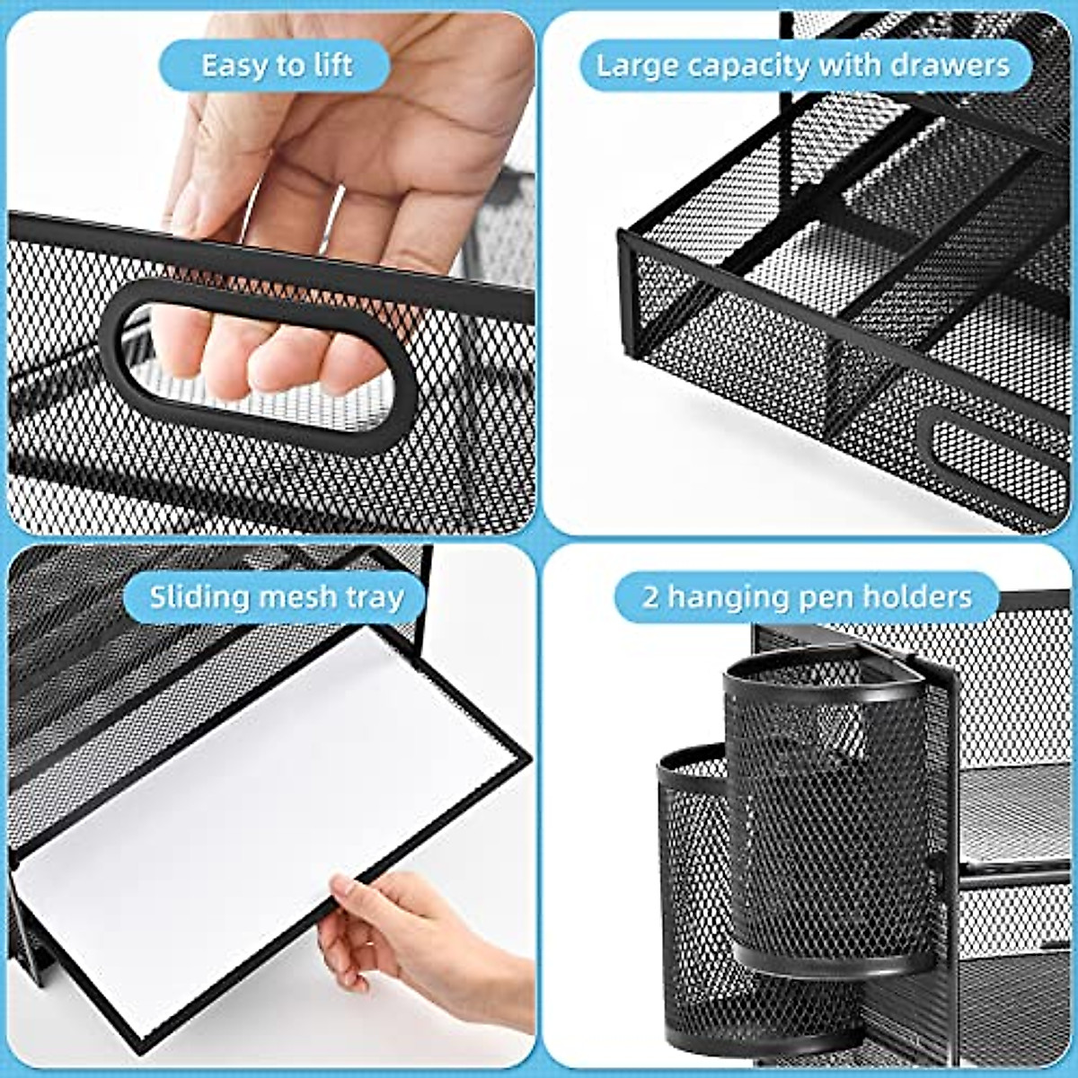 Lavatino 6 Tray Desk Organizer with Drawer, Mesh Paper Letter Tray Organizer with Handle and 2 Pen Holder, Desktop File Organizer and Storage for Letter/A4 Office File Folder