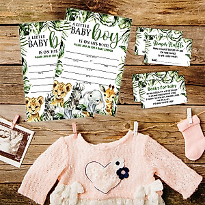 Baby Boy Baby Shower Invitation Set - Greenery Animals Theme - 25 Invites & Envelopes，25 Dipaer Raffle Tickets & 25 Book Request Cards - Gender Reveal Party Supplies -TZ-A06