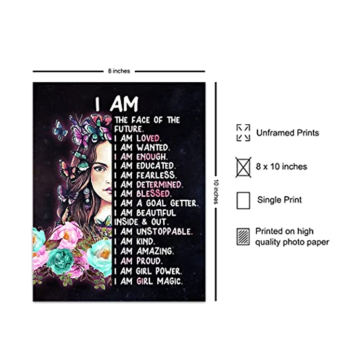 Teen Girls Bedroom Wall Art - Positive Quotes - I Am Tween Little Girls Bedroom Decor - Cute Daughter Gifts - Inspirational Sayings for Wall Decor - Positive Affirmations Wall Decor Poster 8X10