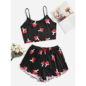 COZYEASE Women's 2 Piece Pajama Set Cartoon Print Lettuce Trim Cami Top and Shorts Cute Sleepwear Black M