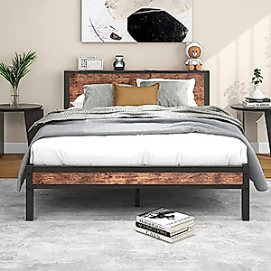 Diolong Queen Bed Frame with Wood Headboard and Footboard, Platform Bed Frame with Storage Shelf, Heavy Duty/Reinforced Support Leg/Mattress Foundation/No Box Spring Needed/Vintage Brown