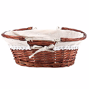 2 Pack Brown Wicker Woven Bread Basket with Handle, Oval Willow Woven Basket with Cotton Cloth Lining1