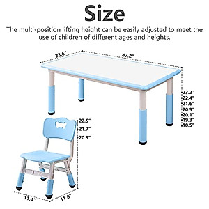 monleelnom Children's Table and Chair Set Suitable for Boys and Girls Age 2-12 Height Adjustable Table top Can be Painted with 6 Seats Suitable for Family Learning Daily use (Sky blueBlue)
