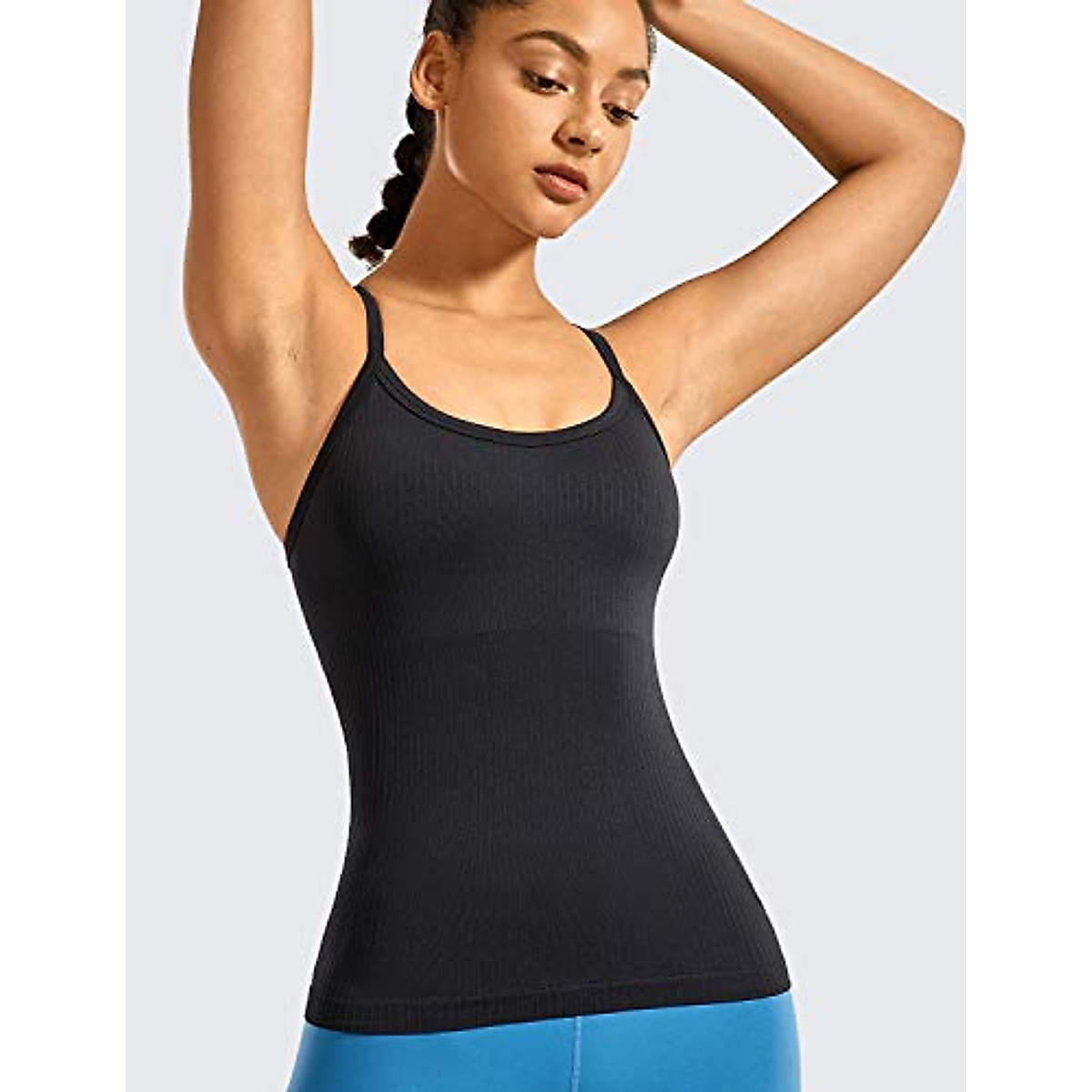 CRZ YOGA Seamless Workout Tank Tops for Women Racerback Athletic Camisole Sports Shirts with Built in Bra Black Medium