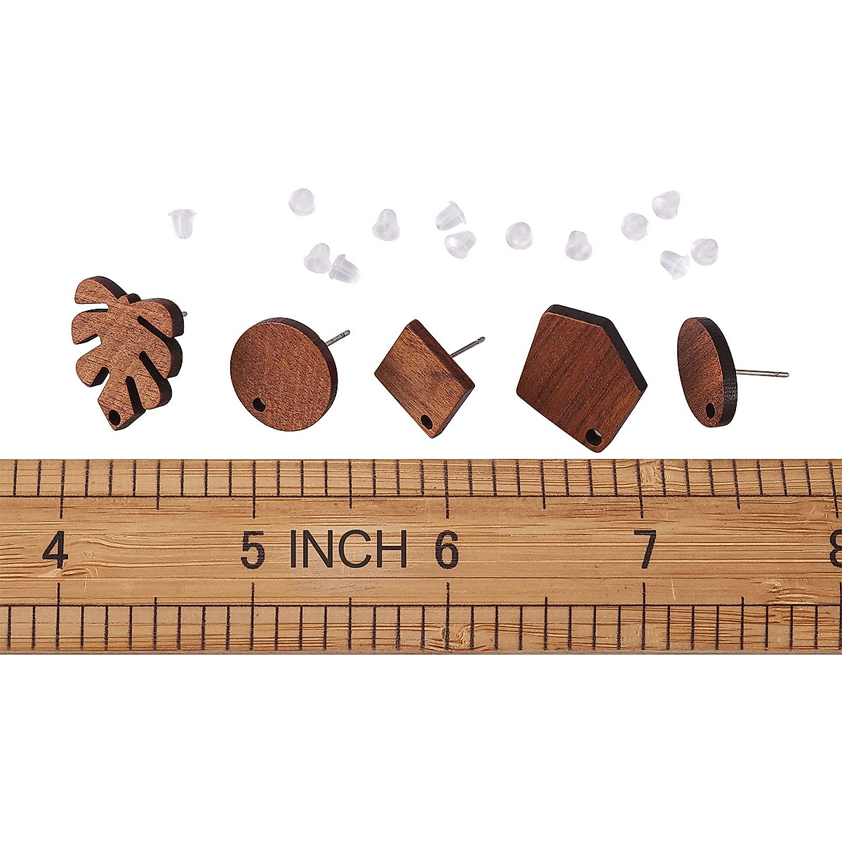 Pandahall 16 Pairs Wood Stud Earring Findings with Hole Flat Round Oval Teardrop Rhombus Wood Stud Earring with Ear Nuts for DIY Wooden Earrings Making