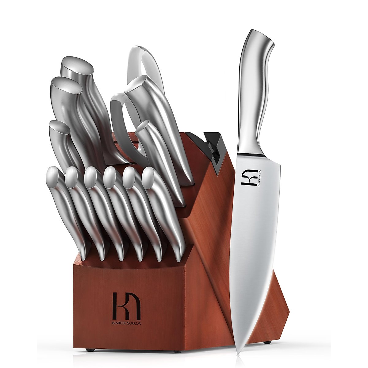 KnifeSaga Kitchen Knife Block Set, Enduring Sharpness Premium Knife Set with Block, 14 Pcs Japanese High Carbon Stainless Steel Knives Set for Kitchen, Chef Knife Set with Block and Built in Sharpener