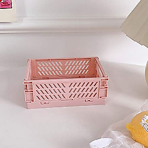 Mini Collapsible Storage Crates/Stackable Storage Container Basket, Folding Plastic Storage Box Foldable Plastic Storage Case Desktop Carrying Basket 4#Mini Pink