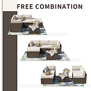 SUNBURY 5-Pieces Outdoor Furniture Set, All-Weather Wicker Patio Conversation Sets Sectional Sofa w 3 Pillows, Cushions, Coffee Table, Ottoman, Patio Furniture Set for Backyard Garden Pool (Off-White)