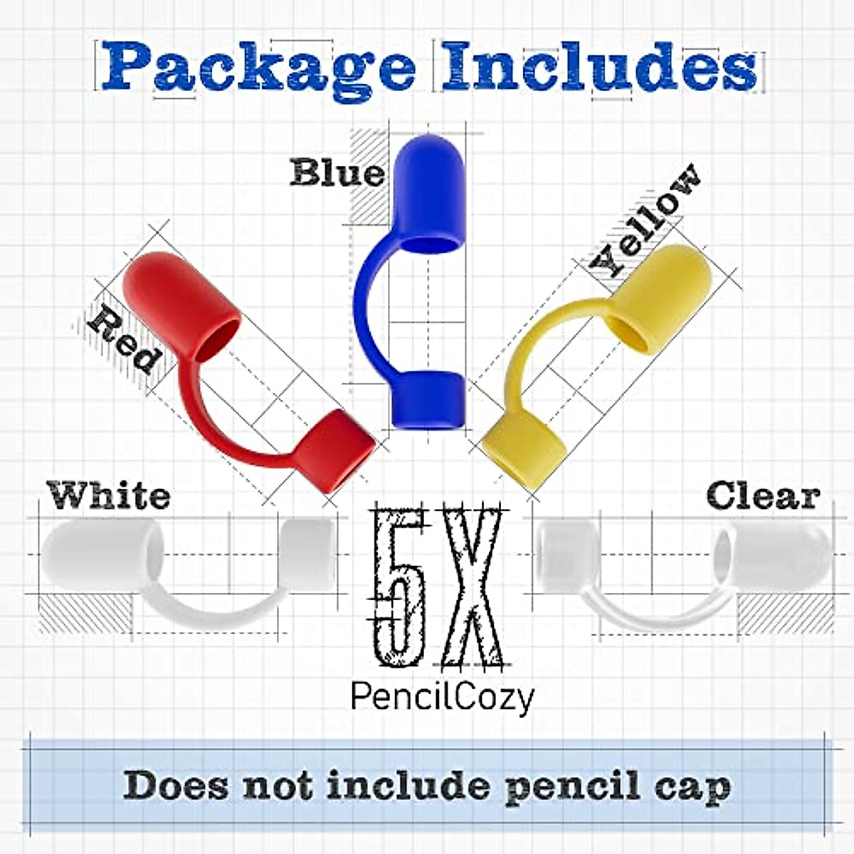 [5-Pack] PencilCozy for Apple iPencil Cap, Protective Pen Cover, Tether, Prevent Damage, Works with Apple iPad Pro Pencil (Blue, Red, Yellow, White, Clear)