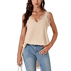 LYANER Women's Summer Sexy V Neck Lace Trim Basic Sleeveless Tank Top Blouse Shirt Beige Medium