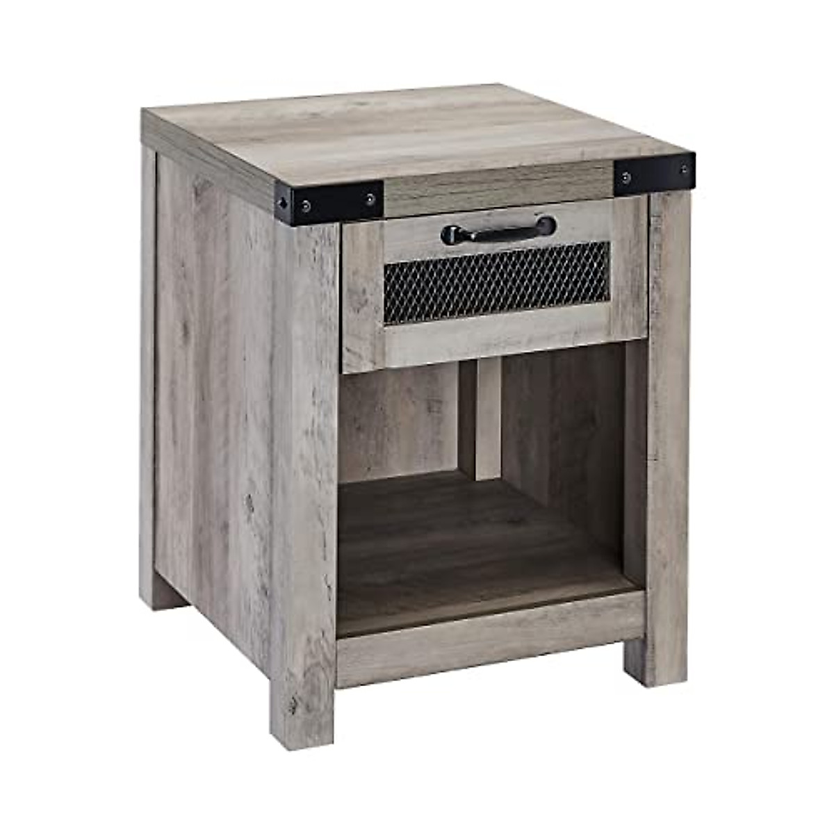 ROCKPOINT End Table with Industrial Style Drawer, Grey Wash