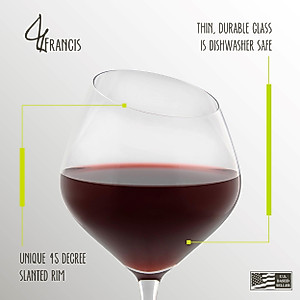 G Francis Large 'Red Wine' Glasses Set of 4-20oz Slant Rim Wine Glass with Long Stems Drinking Crystal Wine Glasses