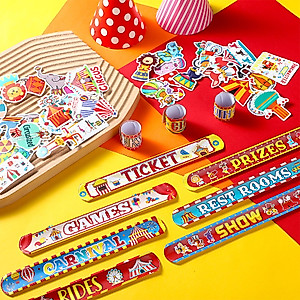 Junkin 90 Pcs Carnival Party Favor Supplies Carnival Slap Bracelets Carnival Stickers Carnival Circus Party Favors Circus Clown Animal Slap Bracelets Circus Stickers for Birthday Baby Shower Decor