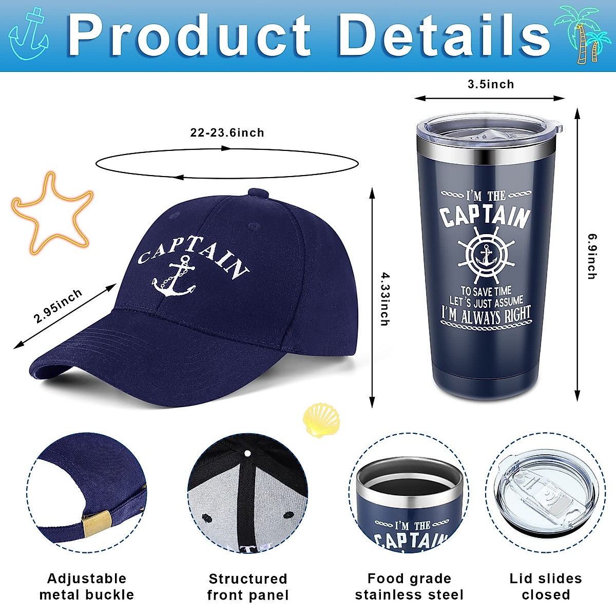 Handepo Boating Accessories Gifts for Men Boat Captain Cap I'm Captain Tumbler Boating Baseball Cap Nautical Cups Stainless Steel Coffee Mug Summer Gifts (Navy Blue)